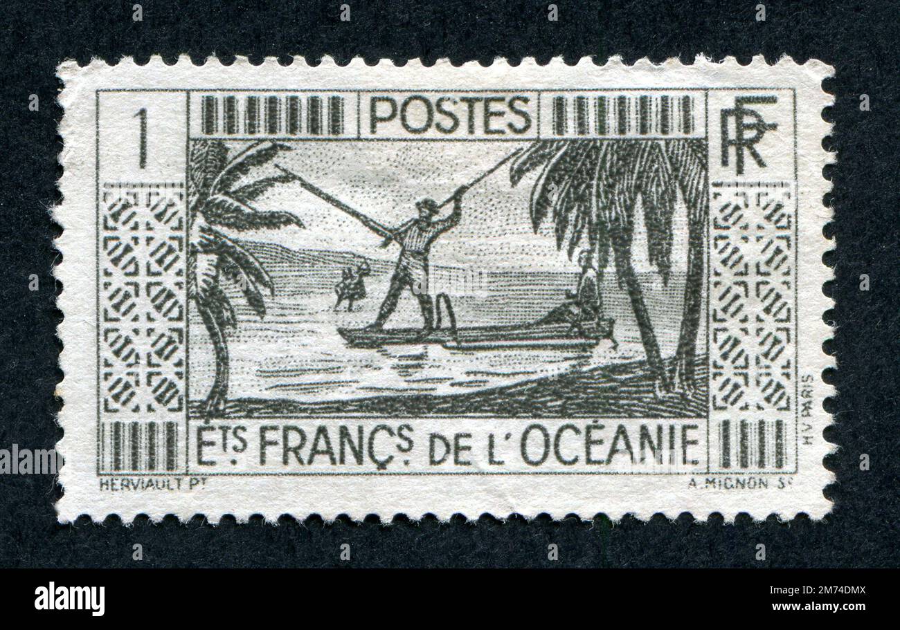 1934-1939 issue 1 Franc French Oceania postage stamp depicting a spear ...