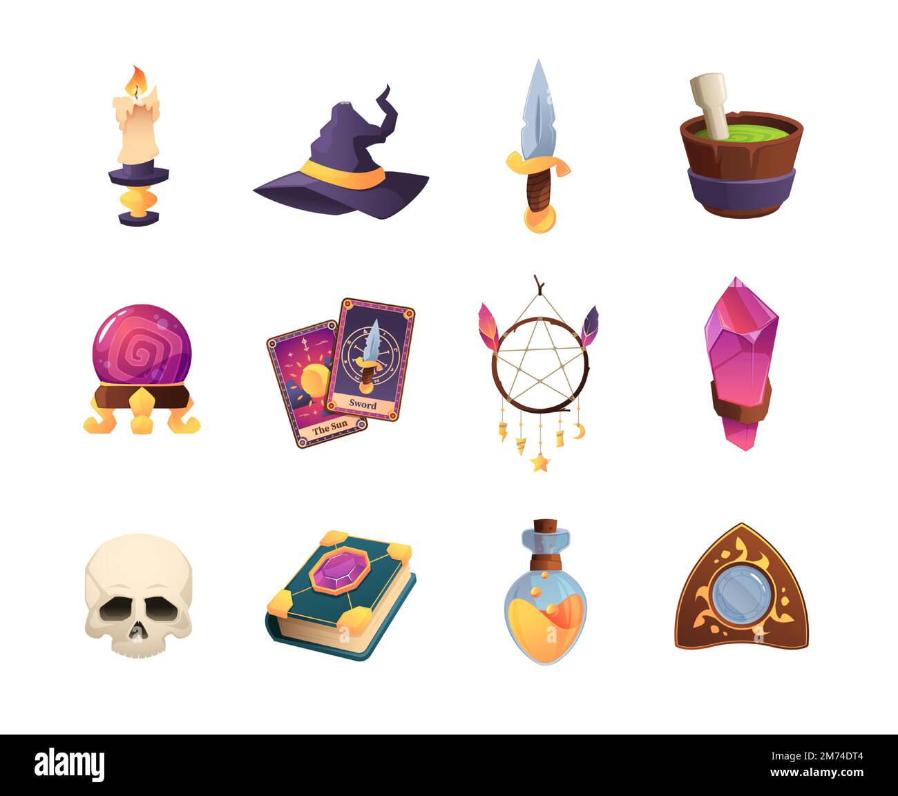 Cartoon magic items. Witchcraft alchemy mystery elements, witch crystal ...