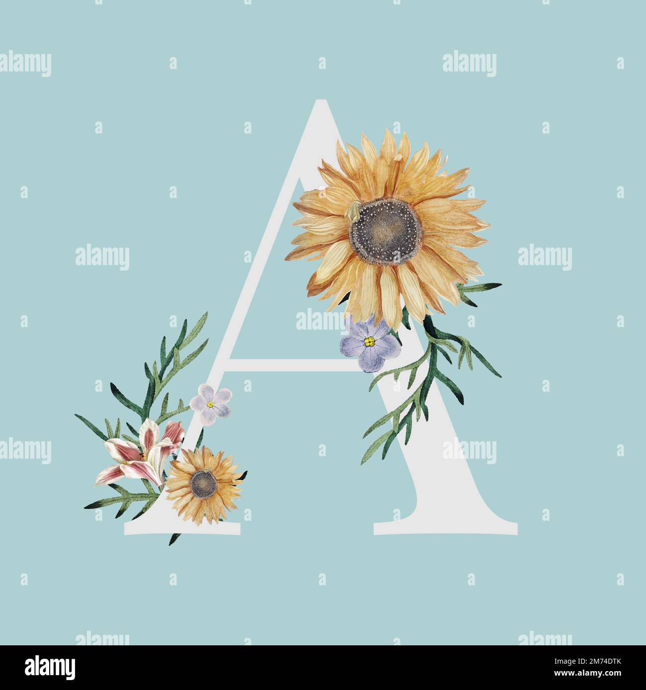 White alphabet A decorated with various flowers vector Stock Vector ...