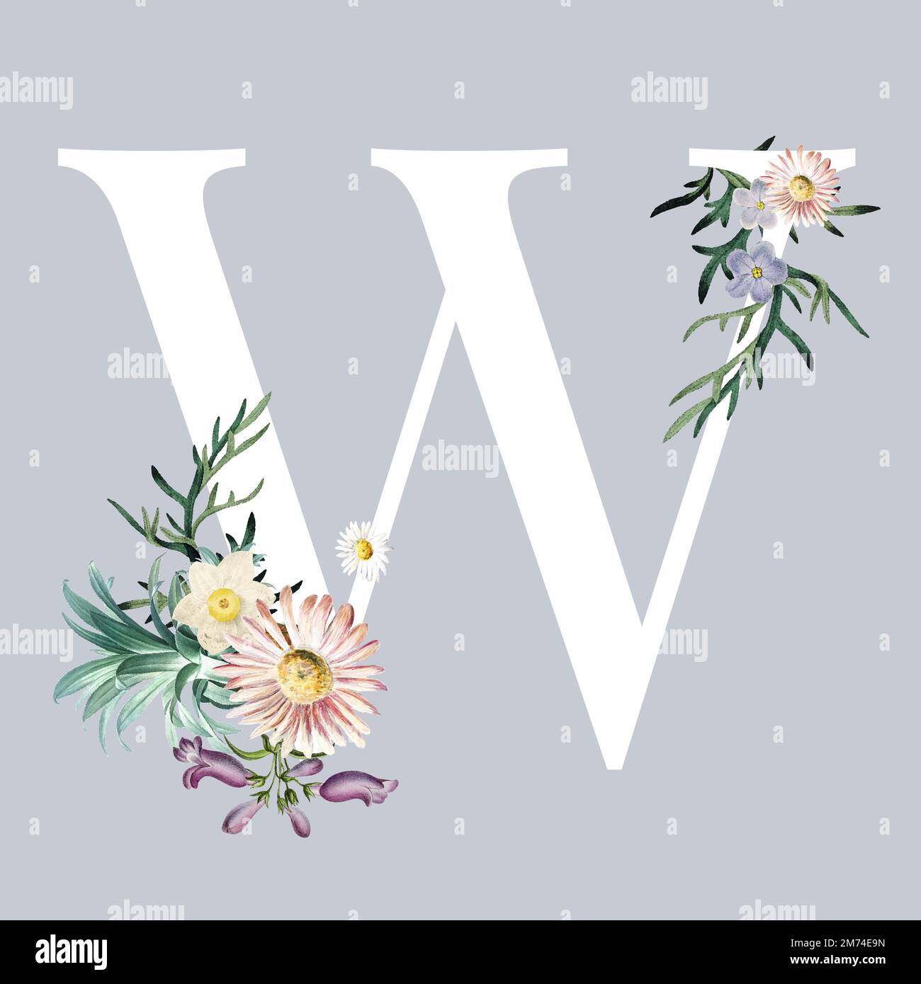 White alphabet W decorated with hand drawn various flowers vector Stock ...