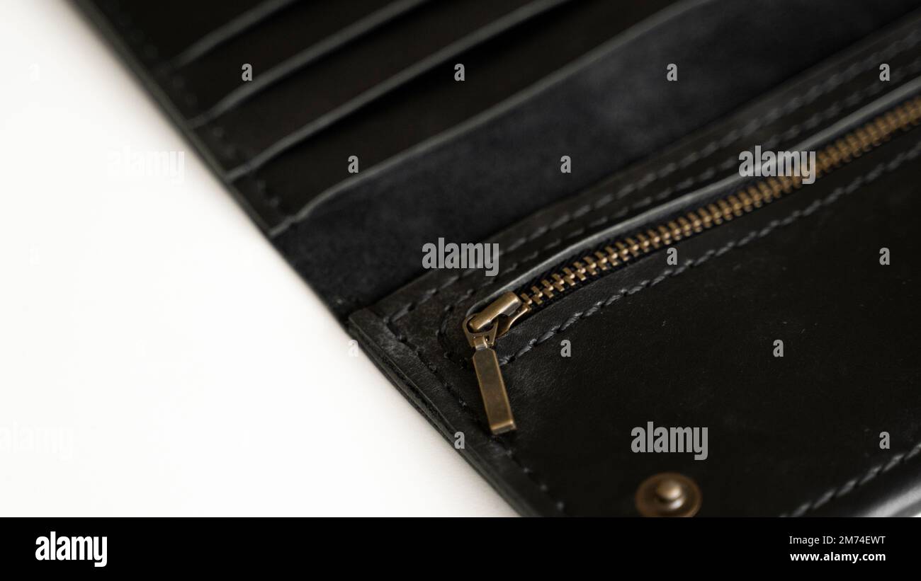 Details of open handmade brown man's genuine leather wallet with zipper ...