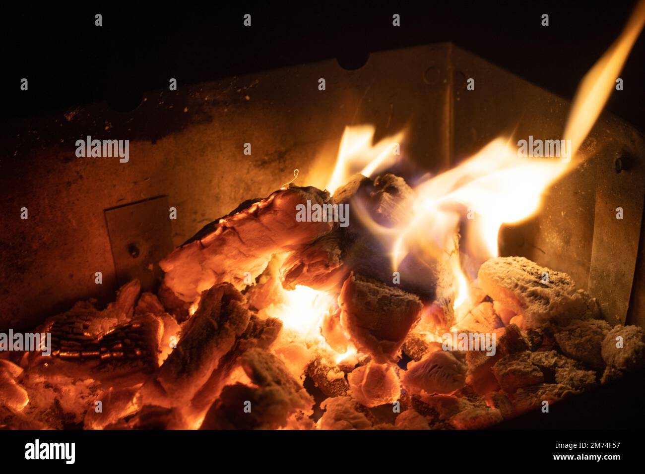 bonfire campfire with coal and wood burning on the harvest festival of ...