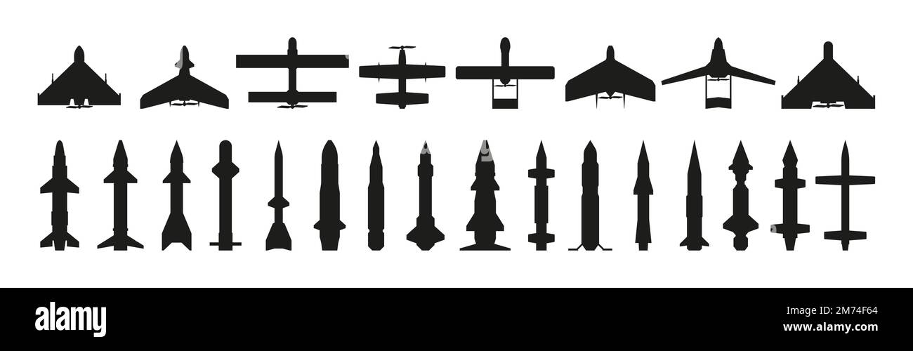 Missiles silhouette. Military guided aircraft weapon with warheads ...