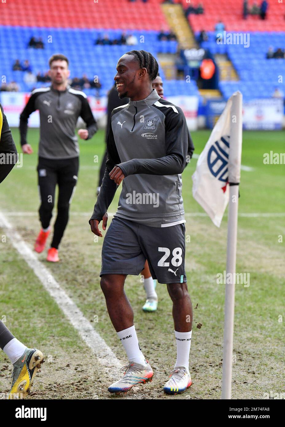 Plymouth Argyle midfielder Jay Matete (28) warming up during the Sky ...