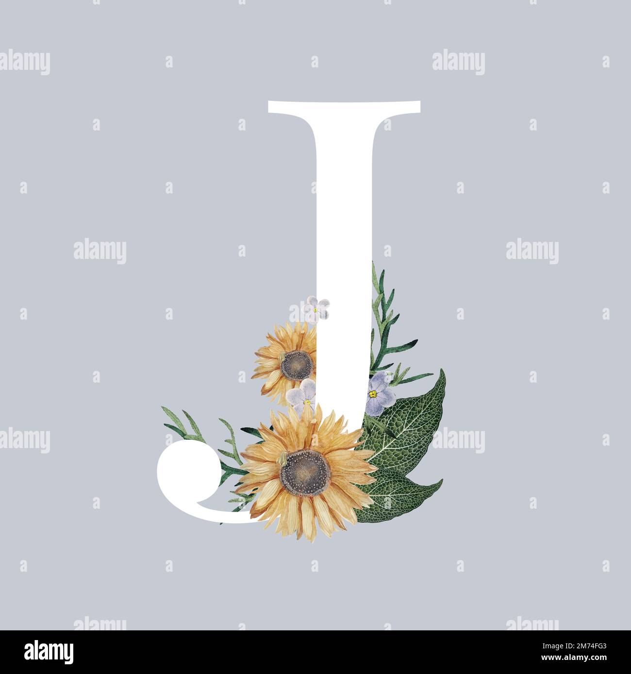 White alphabet J decorated with hand drawn various flowers vector Stock ...
