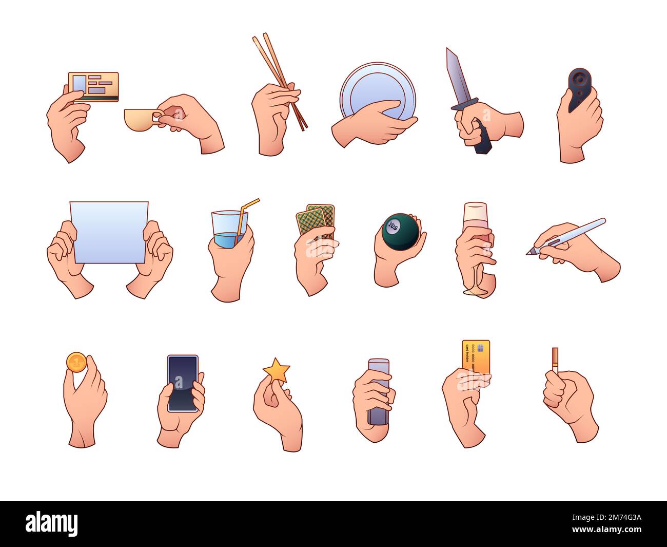 Hands holding objects. Modern human gestures cartoon style, flat woman ...