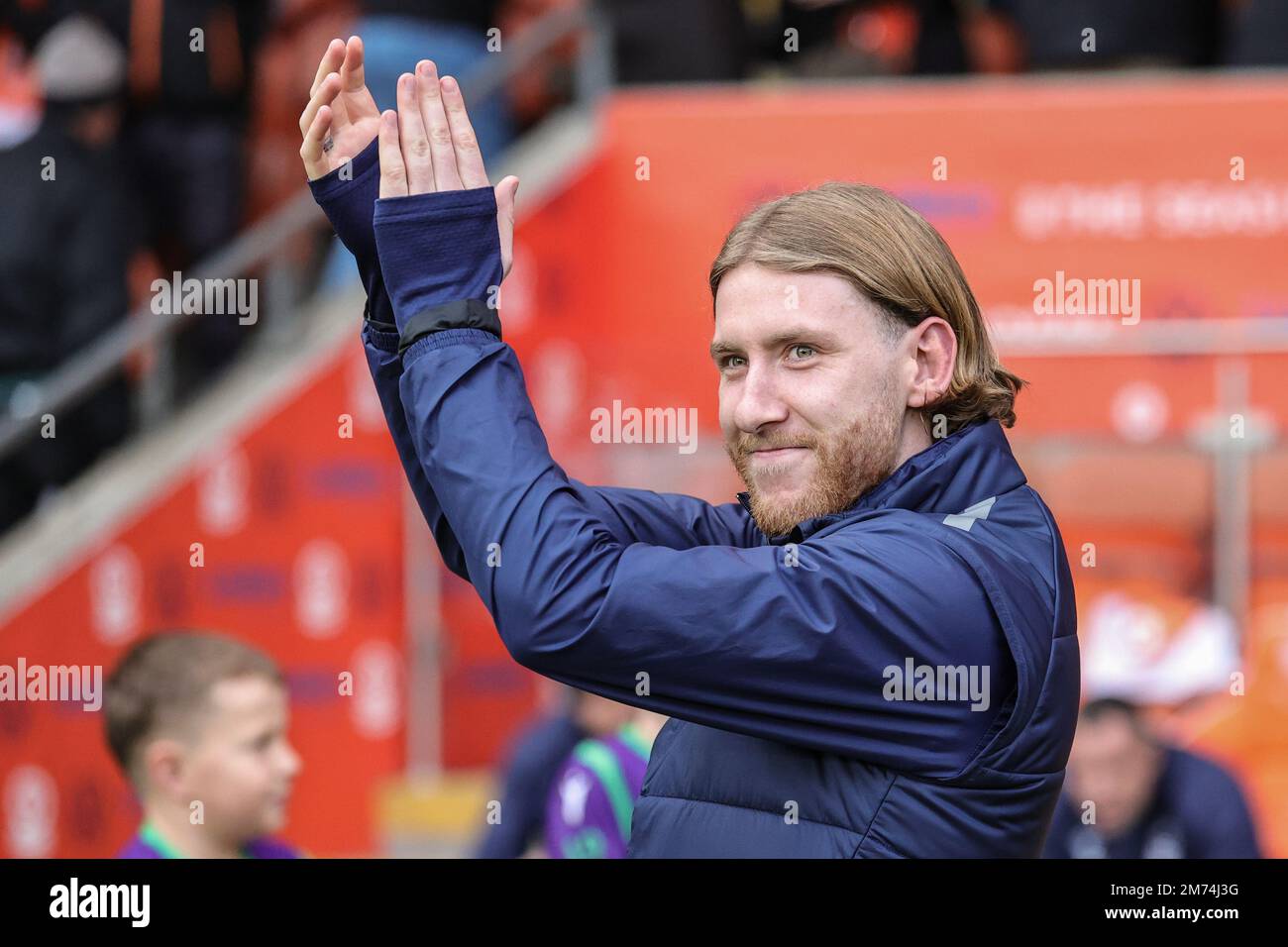 Josh Bowler #11 of Blackpool on loan from Nottingham Forest waves to ...