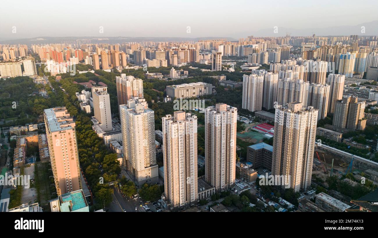 An aerial view of the high-rise buildings at Xian City in Shaanxi ...