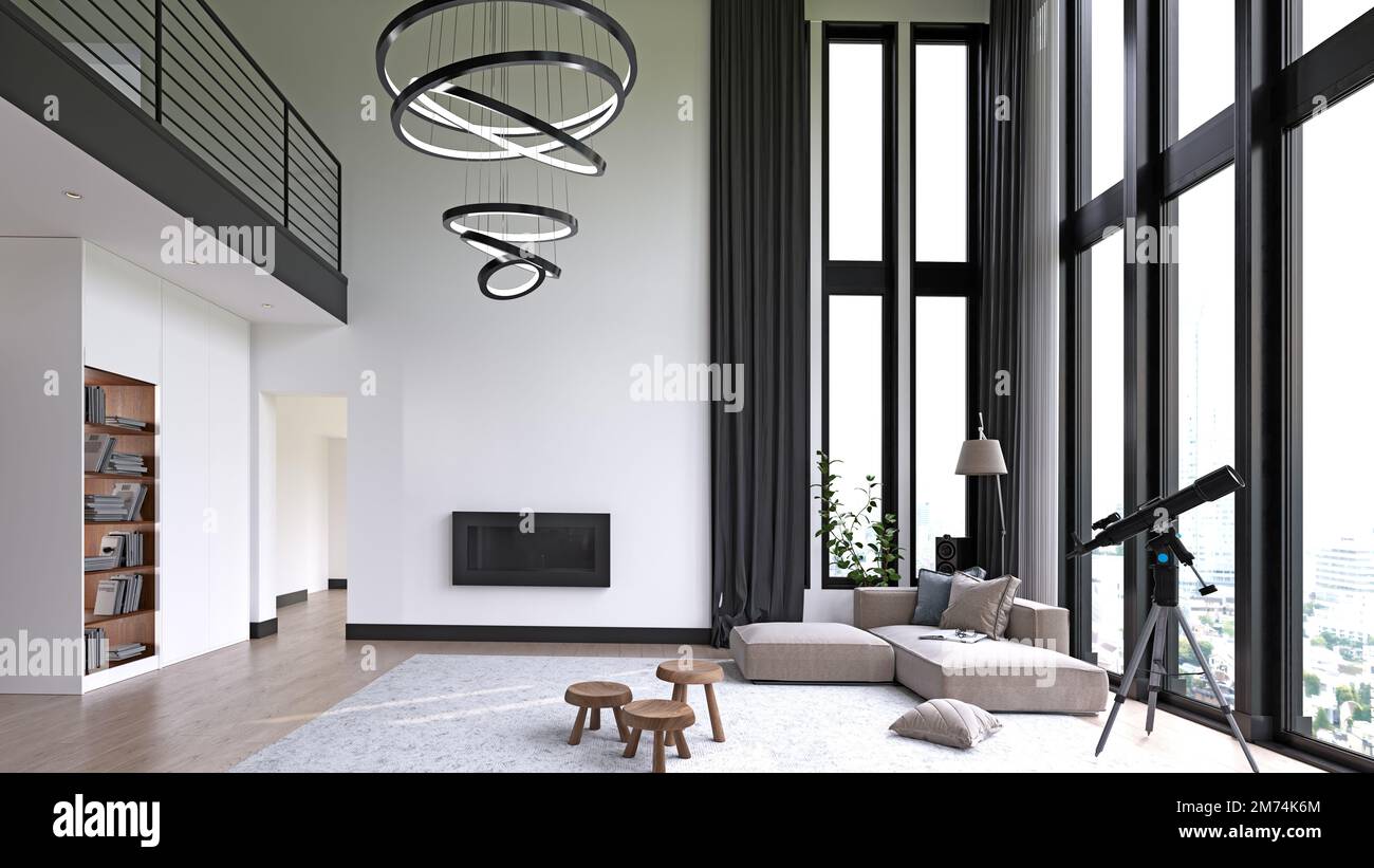 Modern living interior. 3d design concept illustration Stock Photo - Alamy