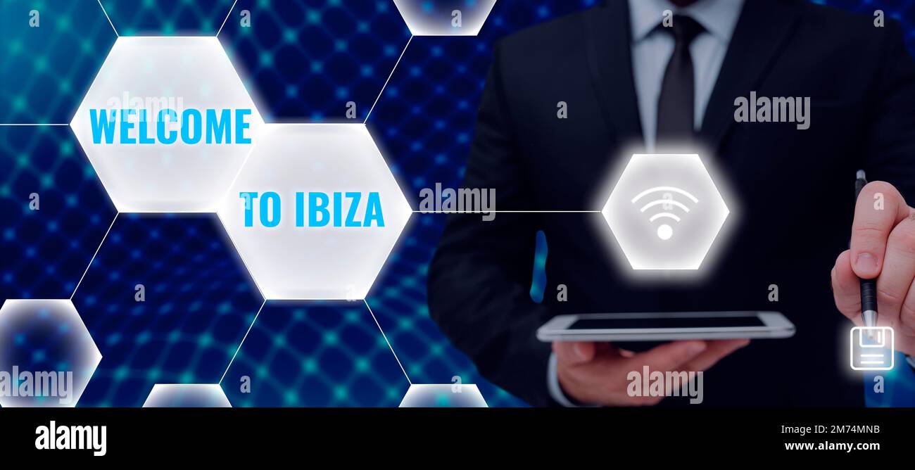 Hand writing sign Welcome to Ibiza. Word Written on Warm greetings from ...
