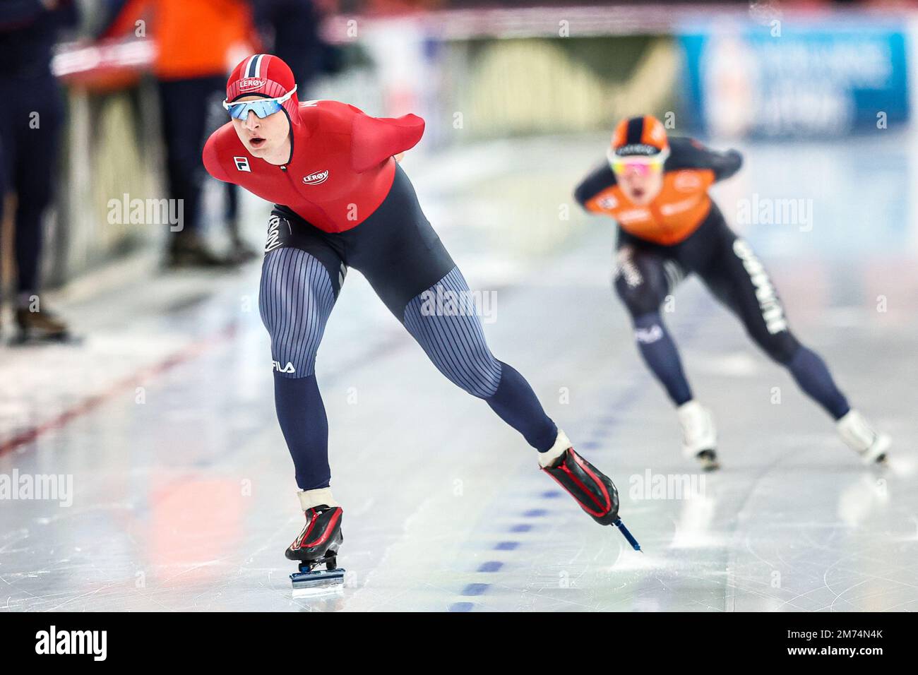HAMAR - Sander Eitrem (NOR) in the men's 5000 meters all-around during the ISU European Speed ...