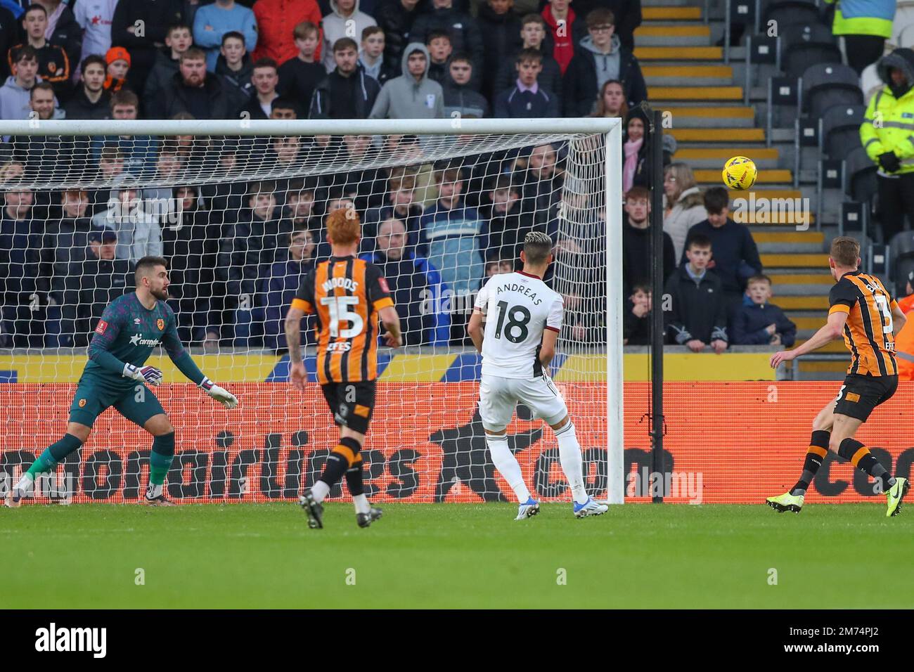 Andreas Pereira #18 of Fulham has a shot at goal during the Emirates FA ...