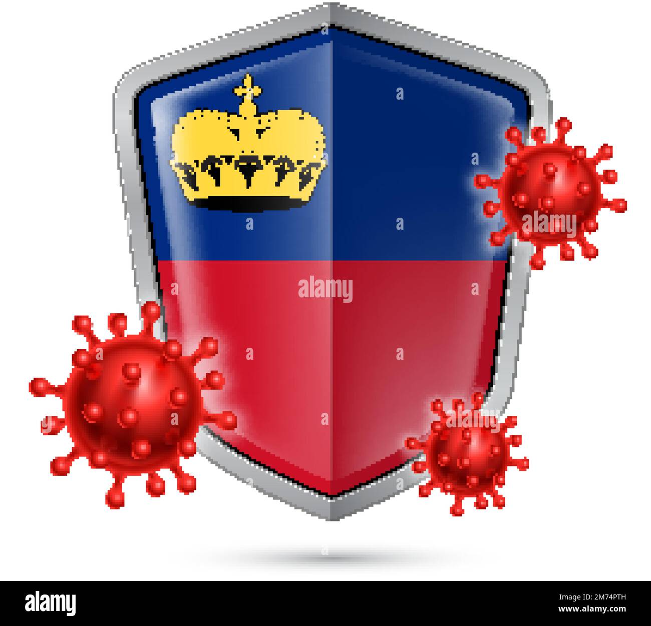 Flag of Liechtenstein on Metal Shiny Shield Icon and Red Corona Virus ...