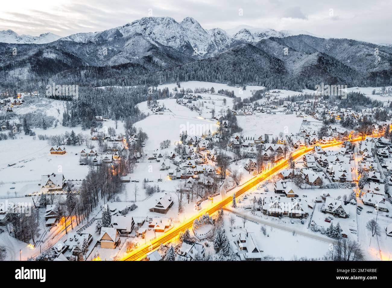 Winter landscape of Zakopane town and Tatra Mountains, drone view Stock ...