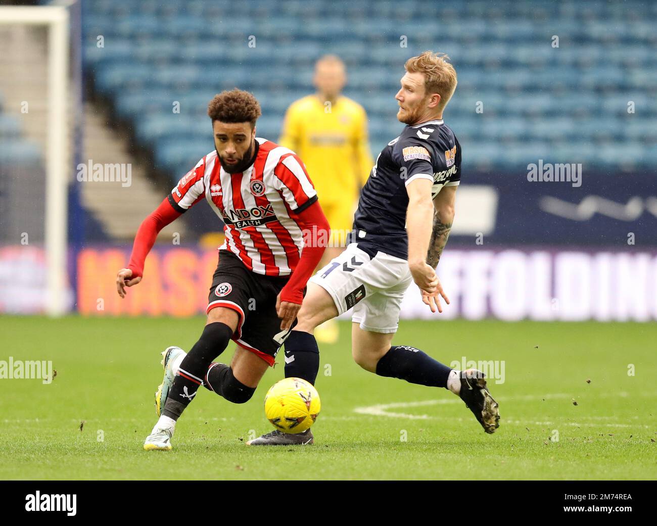 London, UK. 7th Jan, 2023. Jayden Bogle of Sheffield Utd skips past ...