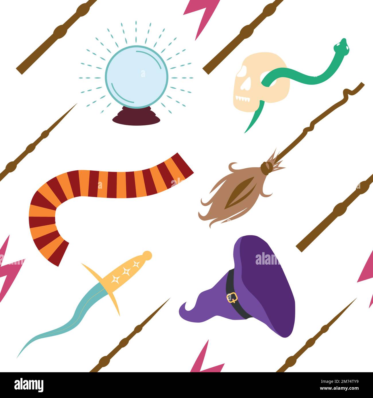 Witches school of magical objects seamless pattern in flat style. Broom ...