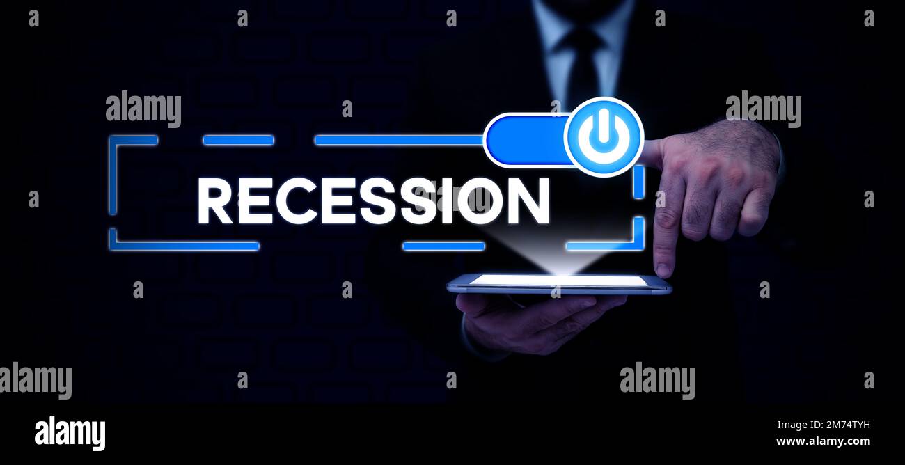 Text showing inspiration Recession. Business concept the process of progressive decrease in ...