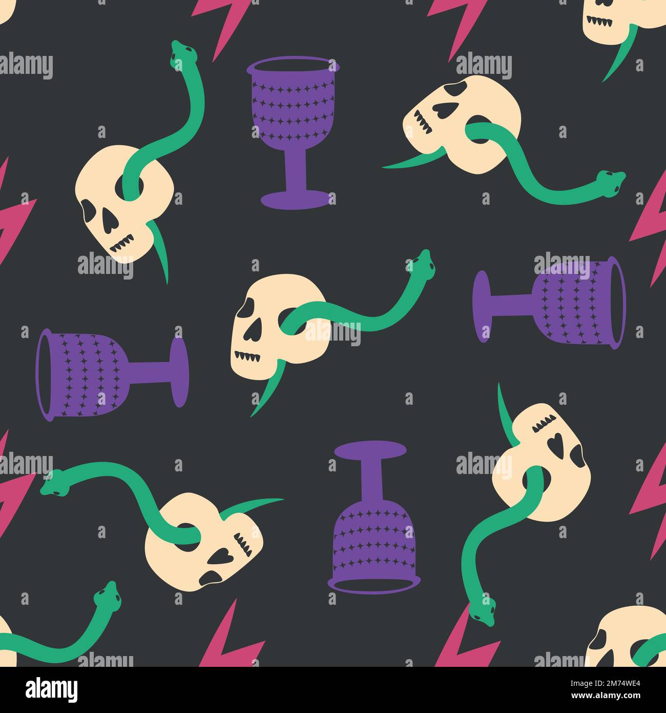 Skull, snake, goblet, magic symbols seamless pattern. Magic and death ...