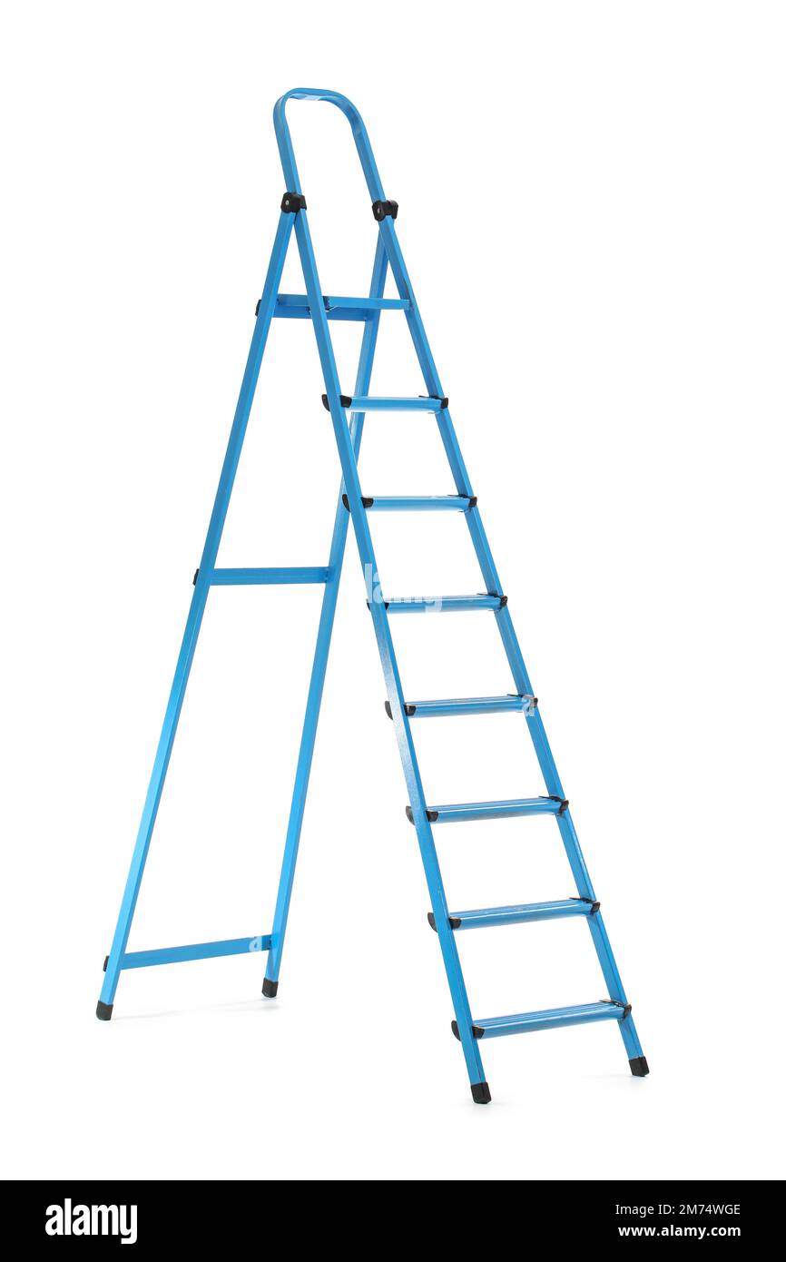 Blue maintenance ladder on white background Stock Photo - Alamy