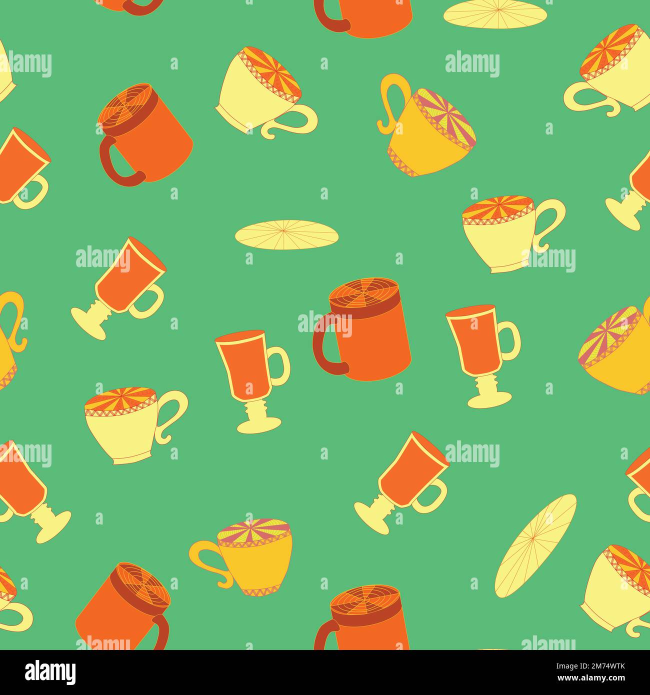 Cups and saucers bright seamless pattern. Tea, tea shop, coffee ...