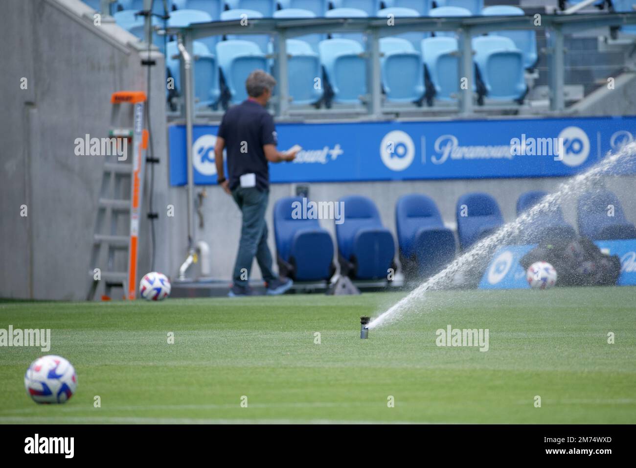 Sprinklers water the pitch prior to the players warm up session before ...