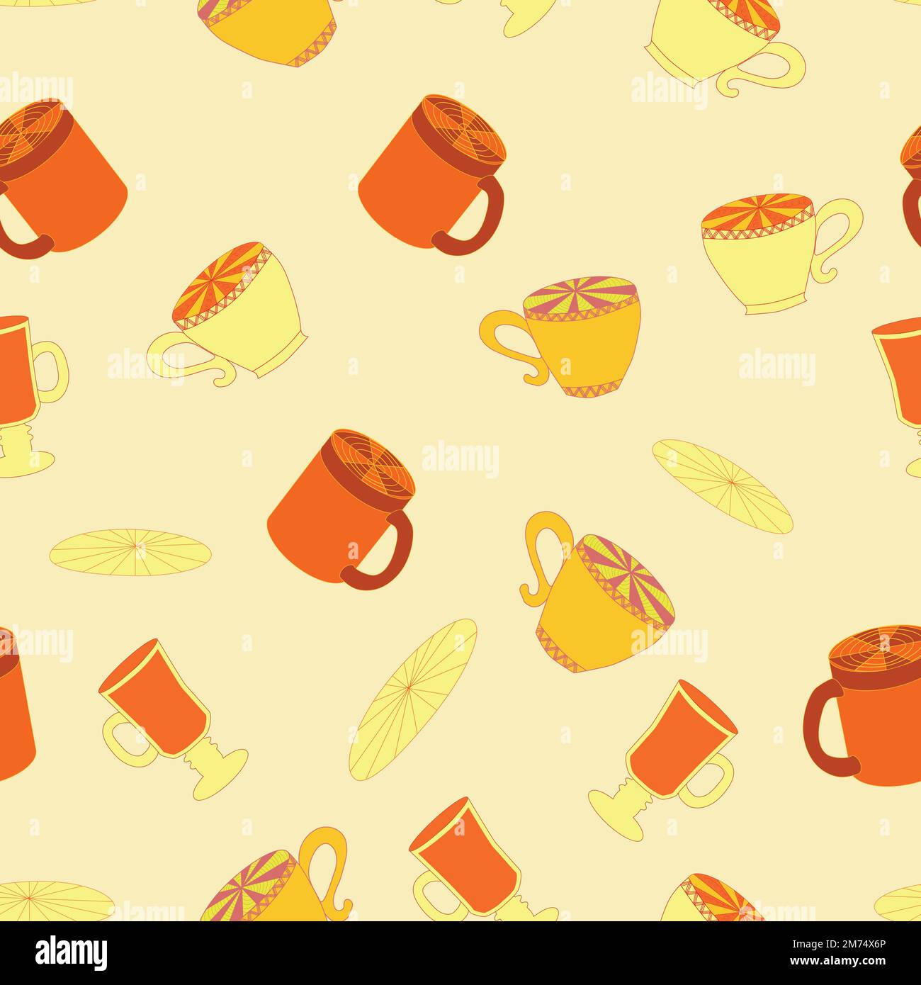 Cups and saucers bright seamless pattern. Tea, tea shop, coffee ...