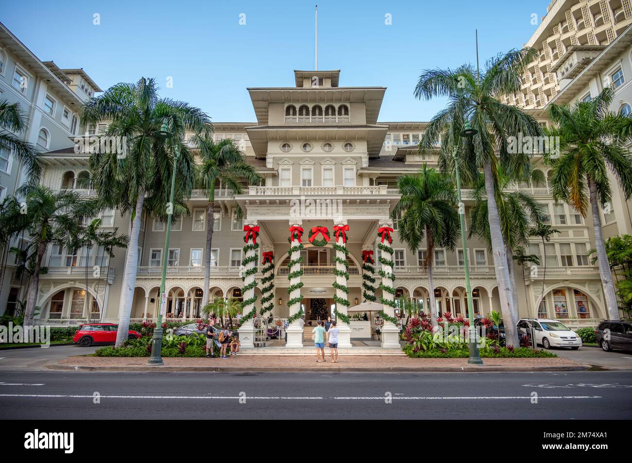 Honolulu, Hawaii - December 27, 2022: Facade of Westin's landmark Moana Surfrider hotel in ...