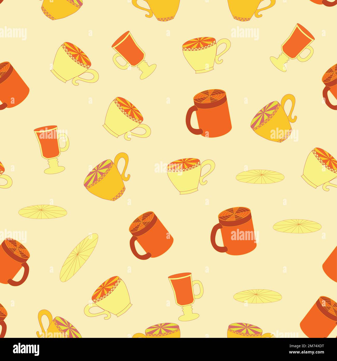 Cups and saucers bright seamless pattern. Tea, tea shop, coffee ...