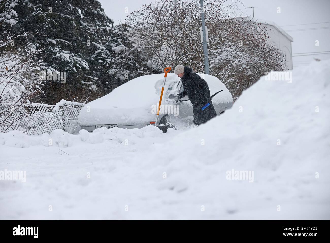 Seasonal weather, heavy snowfall in Motala, Sweden, during Friday ...