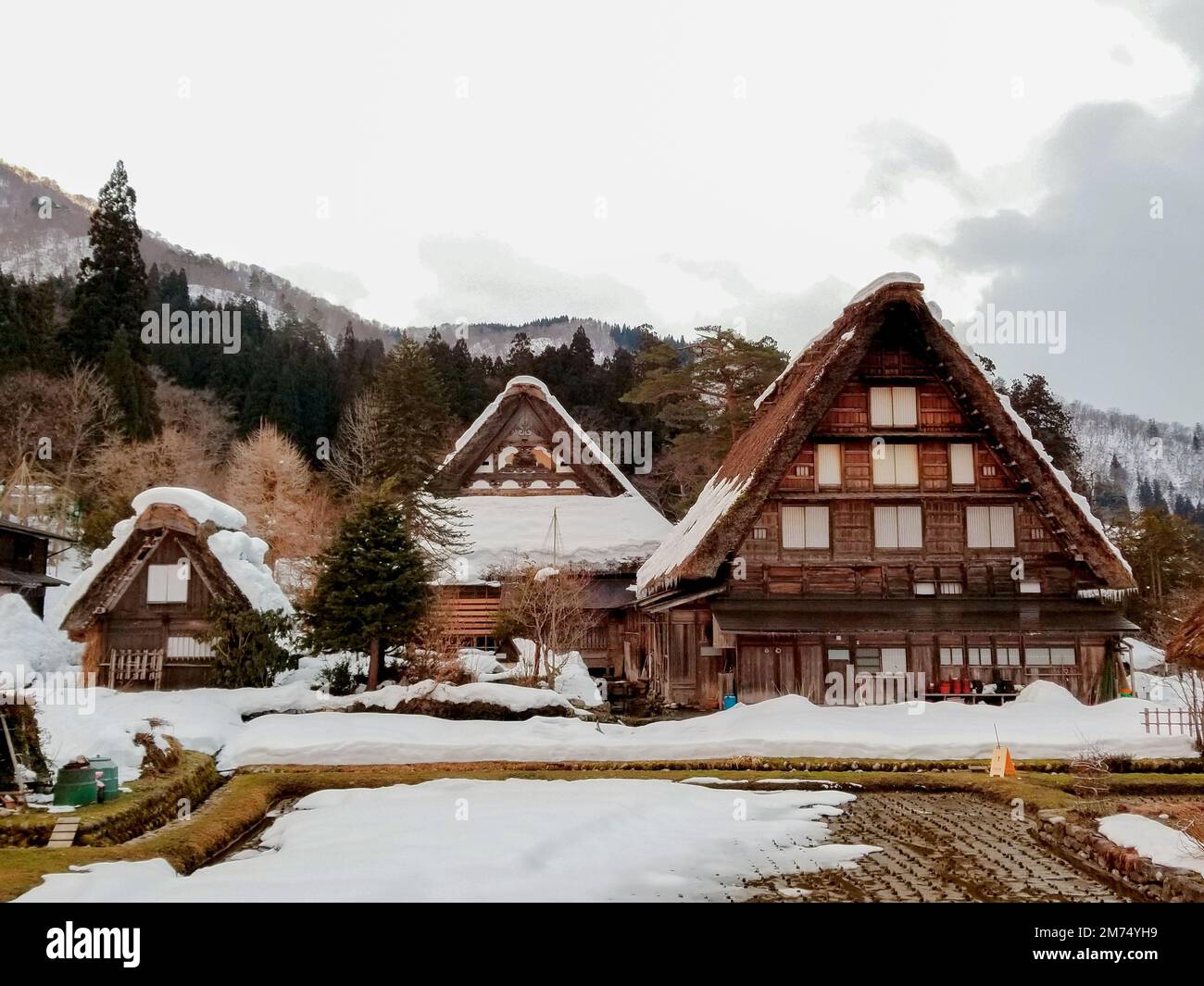 A beautiful winter landscape of Gassho-style houses in the historic ...