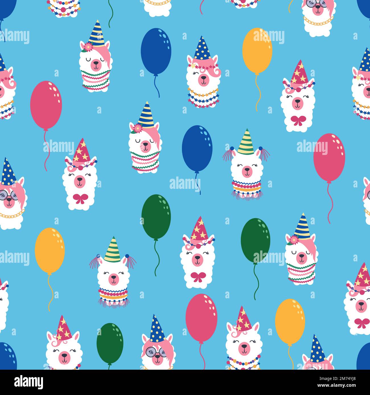 Seamless pattern with llama, alpaca faces. Birthday theme. Caps ...