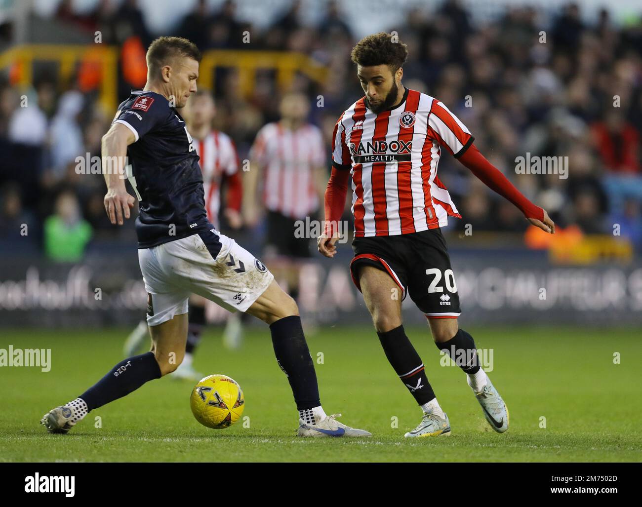 London, UK. 7th Jan, 2023. Jayden Bogle of Sheffield Utd (r) in action ...