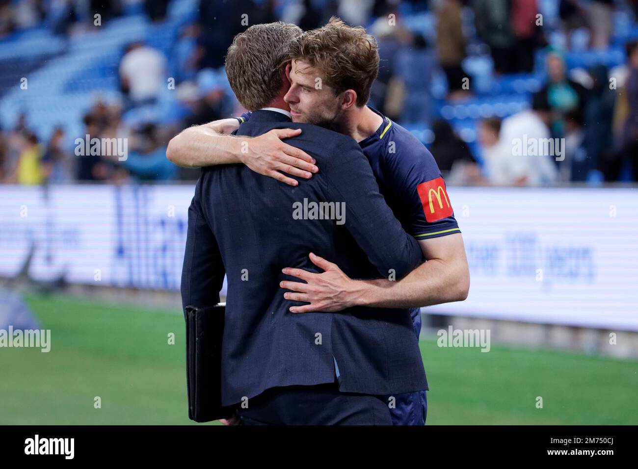 Coach Ufuk Talay thanks Alex Rufer of Wellington Phoenix after the ...