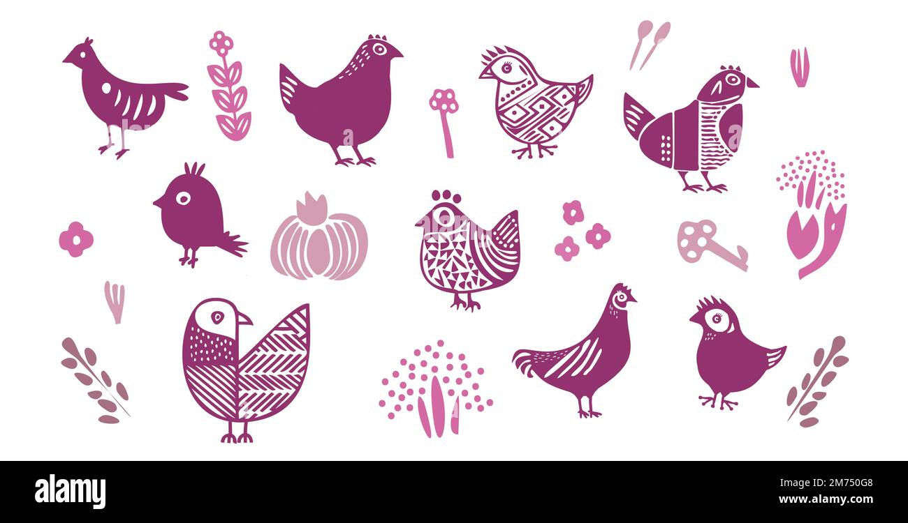 Easter chicken vector illustration collection. Set of cartoon cute ...