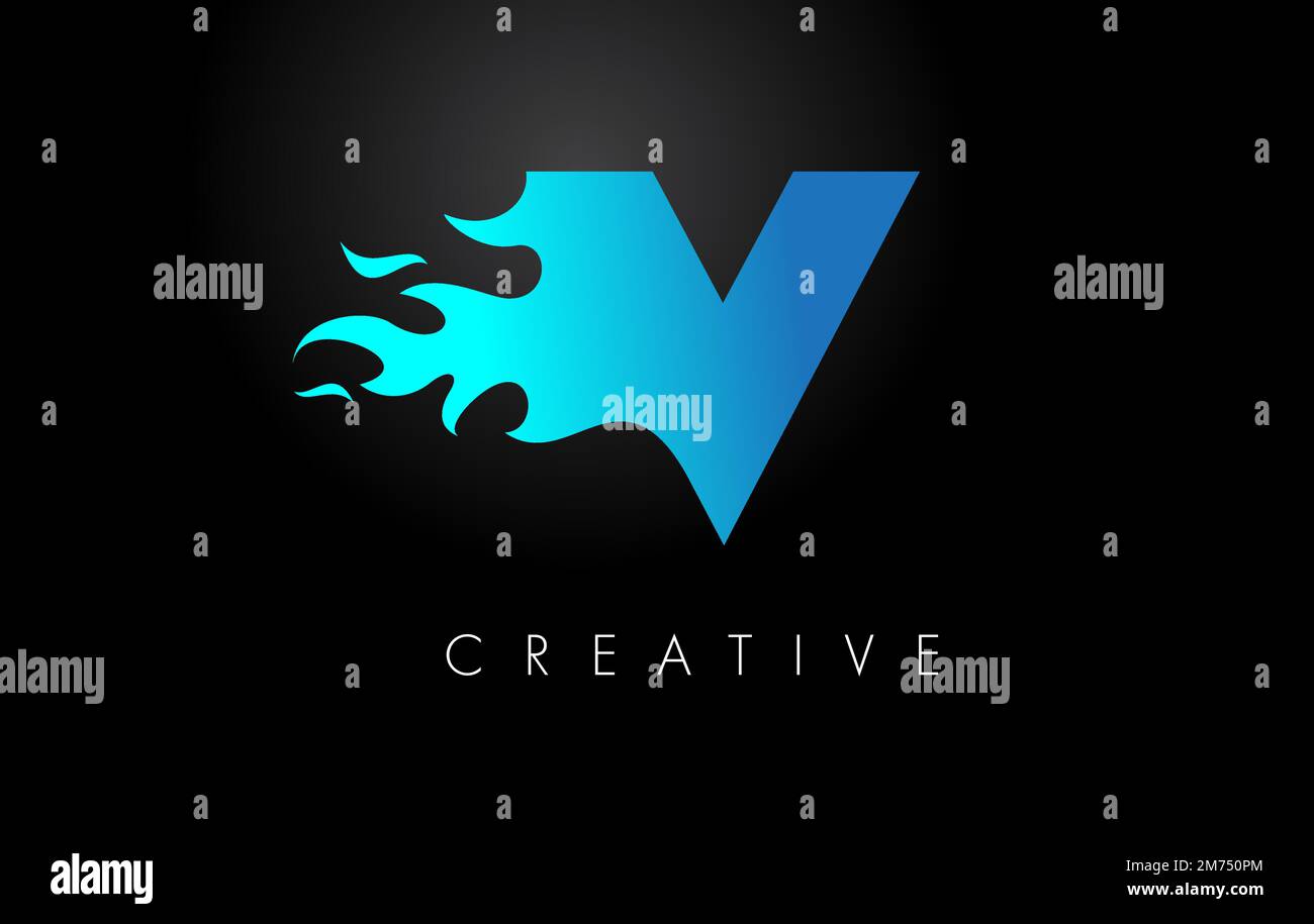 Blue fire Blue V Letter Flame Logo Design. Fire Logo Lettering Concept ...