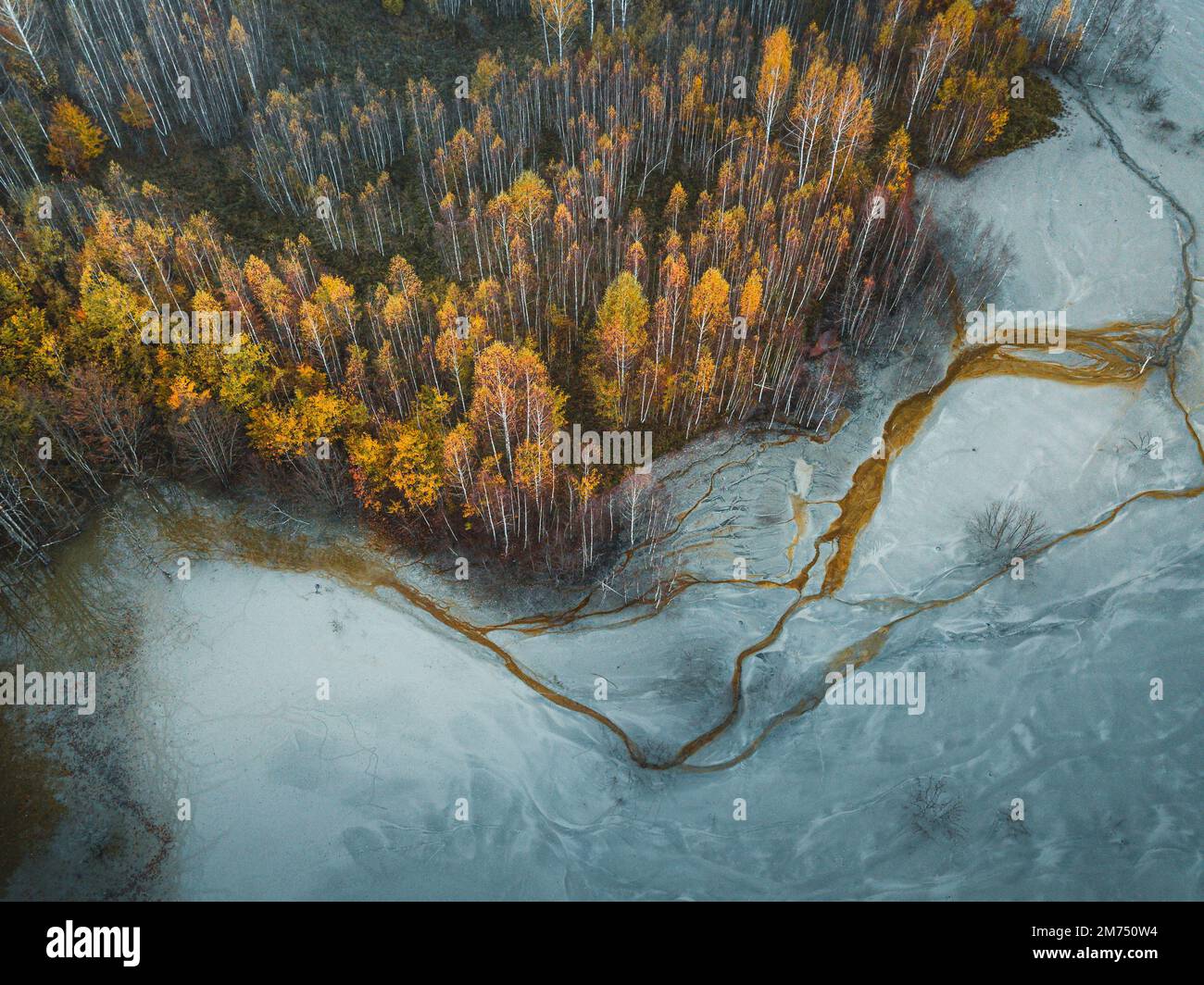 Aerial view of a lake filled with residuals from copper mine in Geamana ...