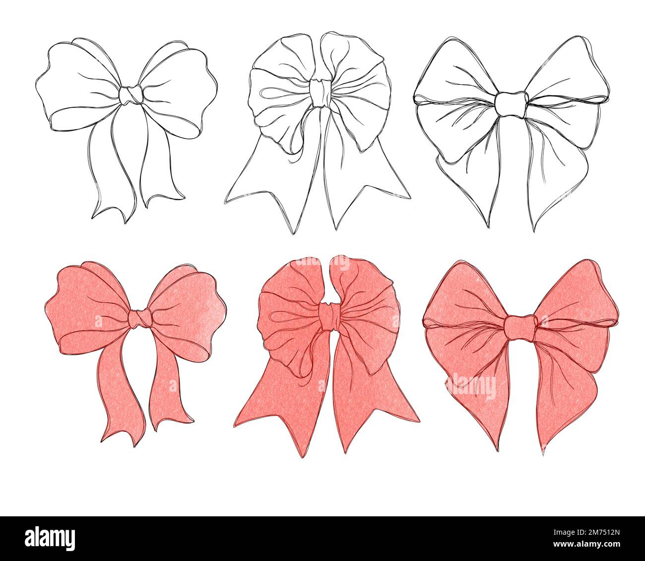 Set of graphical decorative bows. Line art design watercolor holiday ...