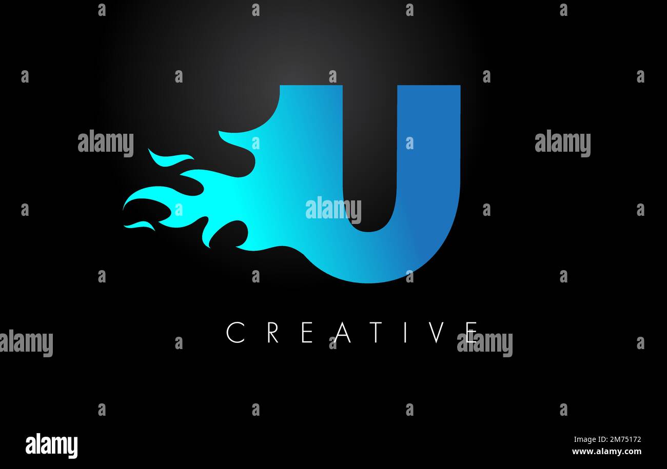 Blue fire Blue U Letter Flame Logo Design. Fire Logo Lettering Concept ...