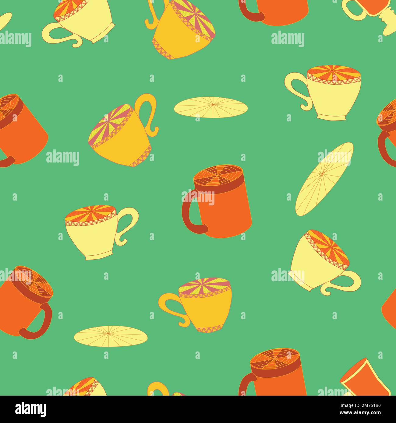 Cups and saucers bright seamless pattern. Tea, tea shop, coffee ...