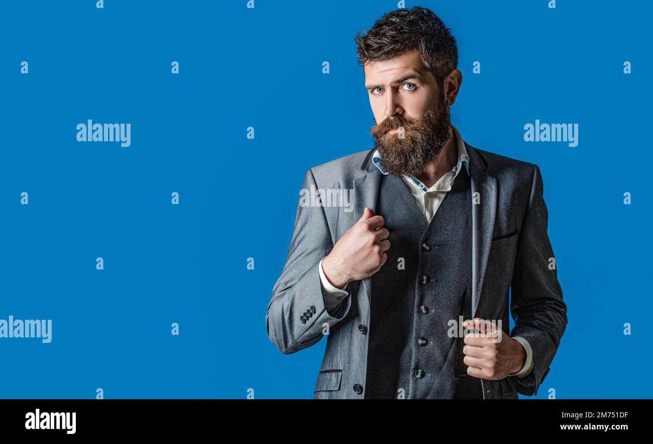 Man in suit. Male beard and mustache. Elegant man in business suit ...