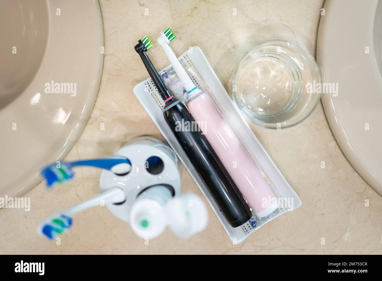 Overhead photo of various personal hygiene items for the care and ...