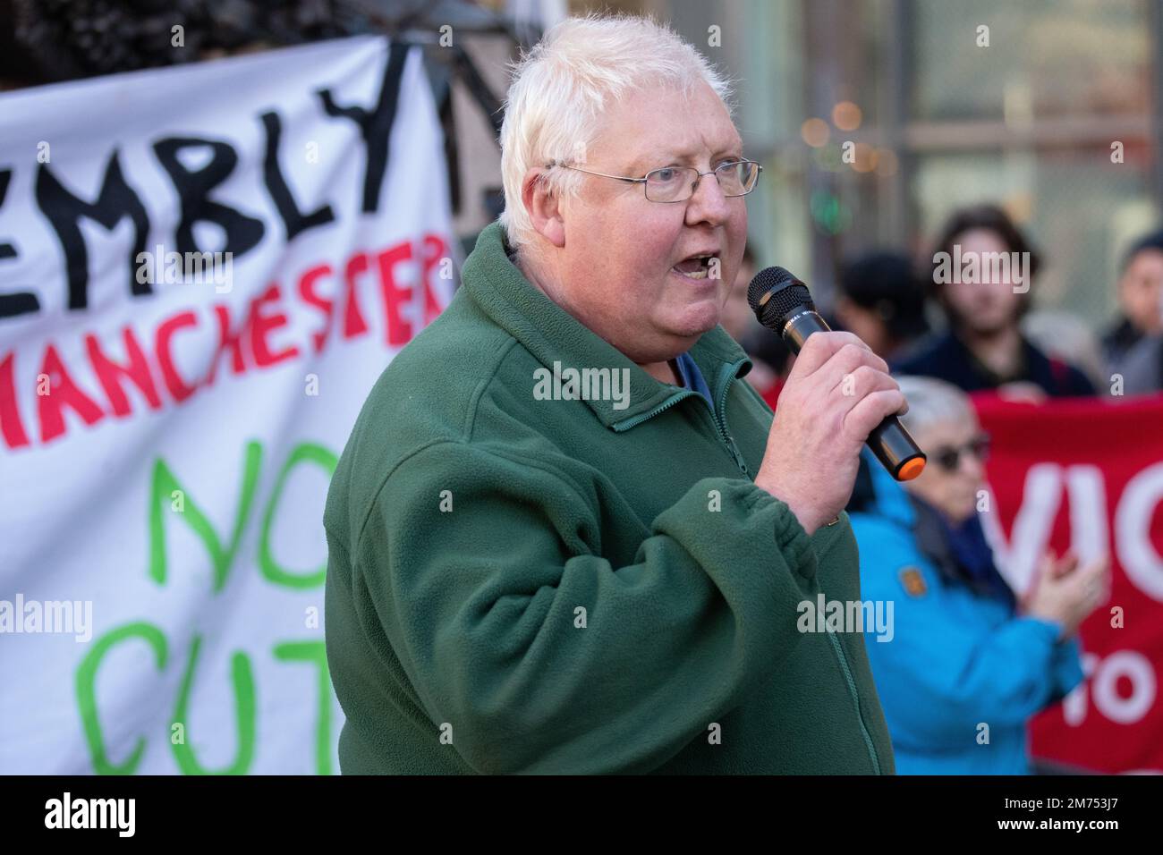 Manchester, UK. 7th Jan 2023. Speaker at Rally for strike action ...