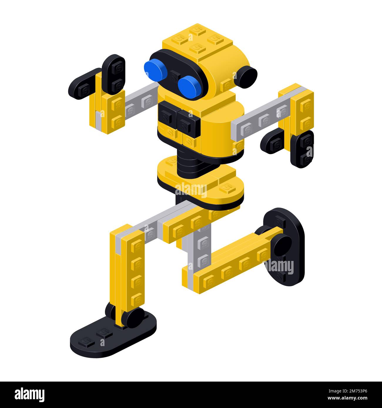 Toy yellow robot dancing, assembled from plastic cubes. Vector clipart ...