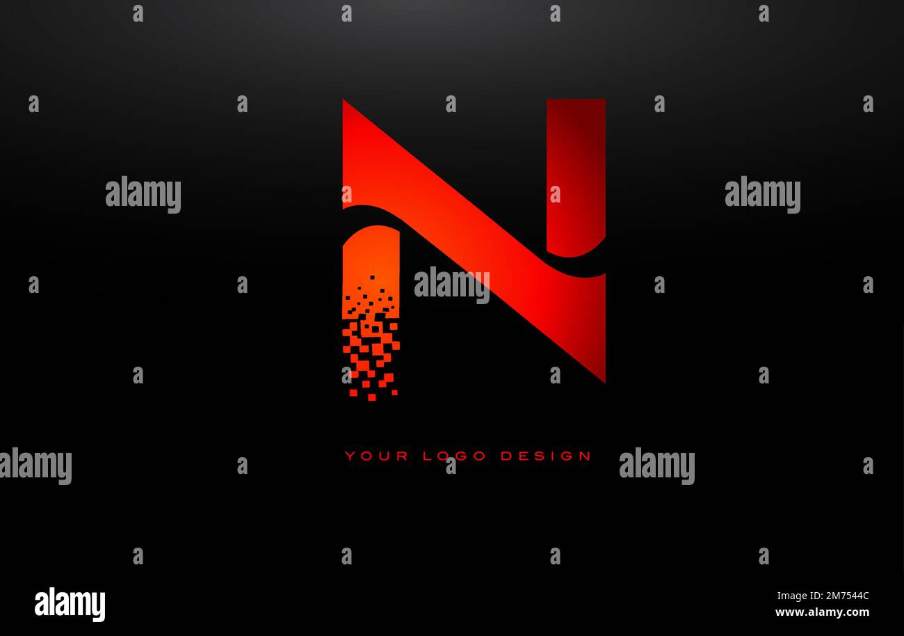 N Initial Letter Logo Design with Digital Pixels in Red Colors Stock ...