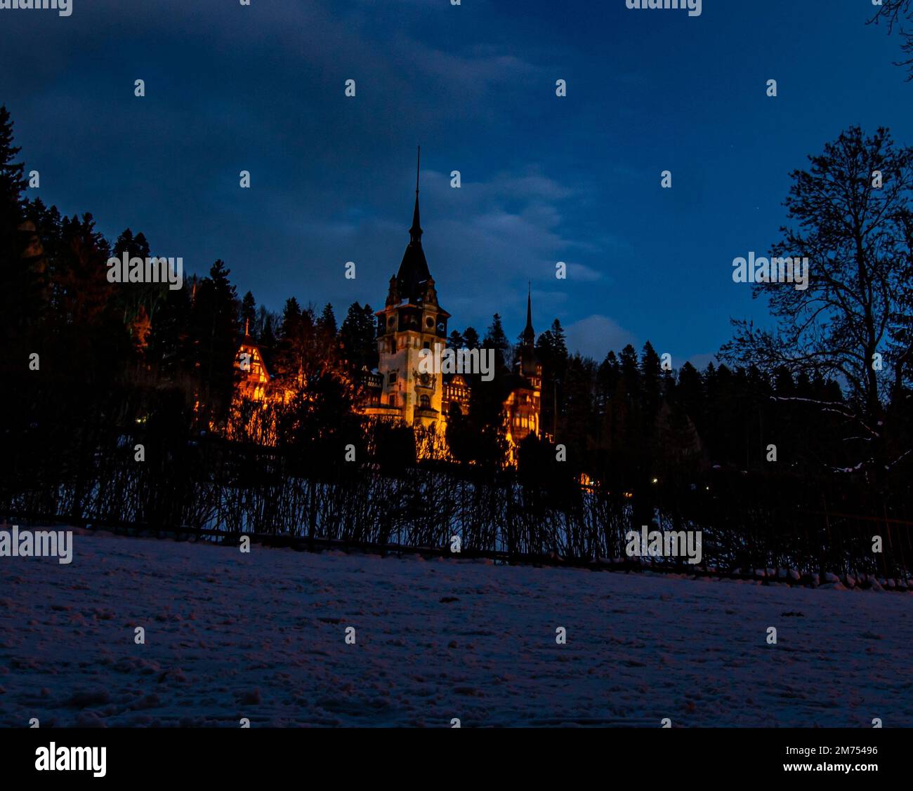 A night view of the illuminated Peles castle during winter Stock Photo ...