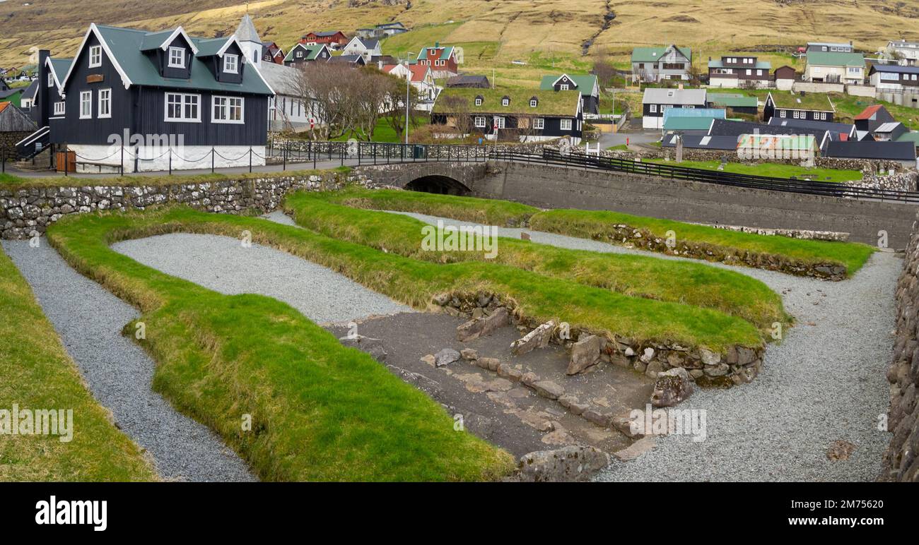 Longhouse and byre ruins from the late Viking period, Kvivik Stock ...