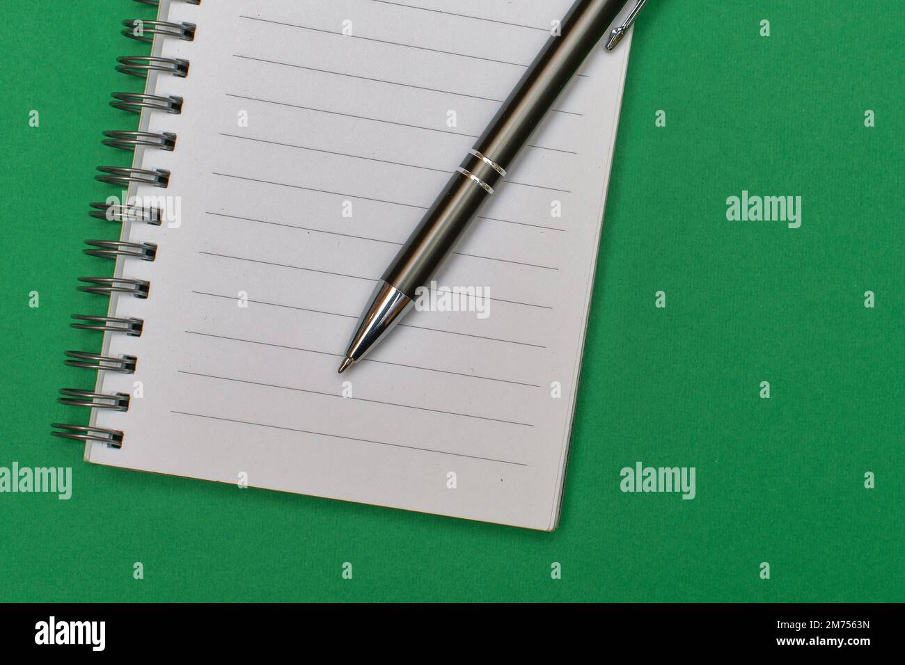 A notebook with a blank page and a pen resting on it on green matte ...