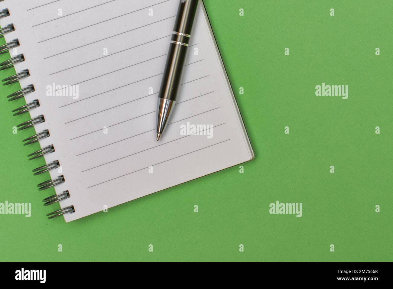 A notebook with a blank page and a pen resting on it on green matte ...