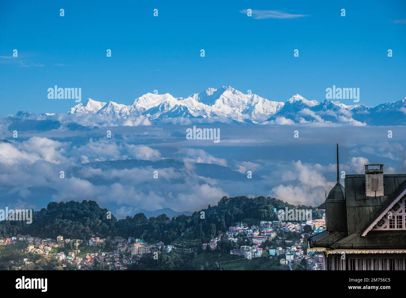 An aerial view of town Darjeeling surrounded by buildings in background ...