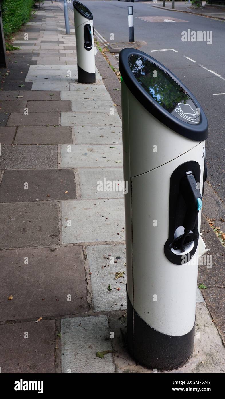Close-up of two roadside public electric car charging points Stock ...